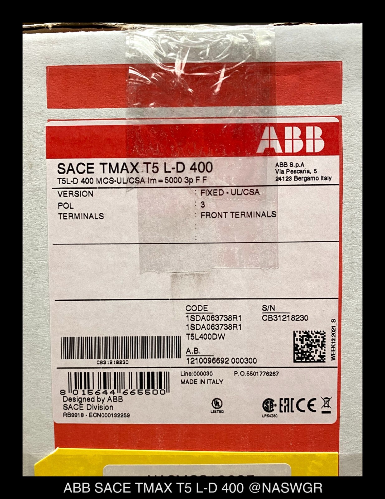 ABB Sace Tmax T5L400DW Molded Case Switch ~ 400 Amp - Unused Surplus w ...
