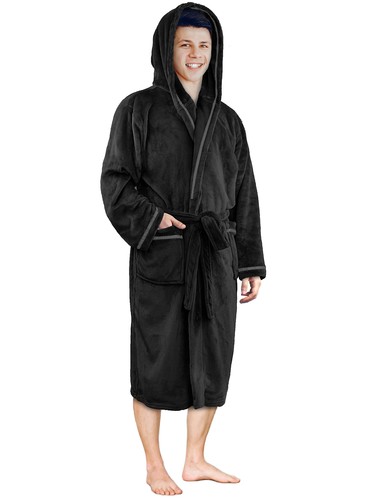 Mens Fleece Robe Hooded Bathrobe Shawl Collar Spa Robe with Hood Soft ...