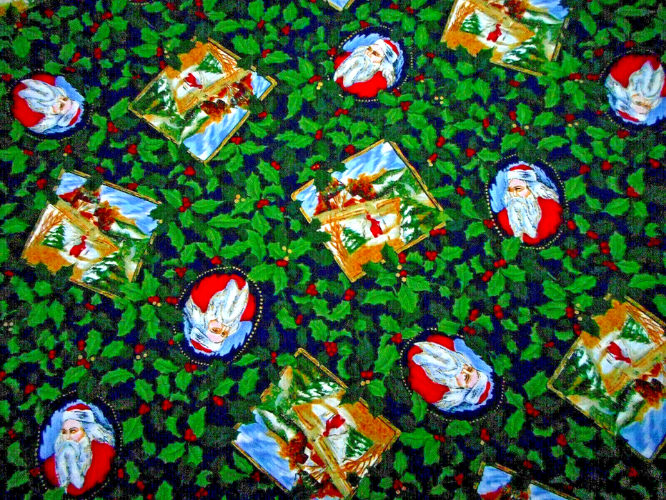 Christmas Fabric By Yard SALE Vtg Santa Scenes Holly Navy Blue SSI ...