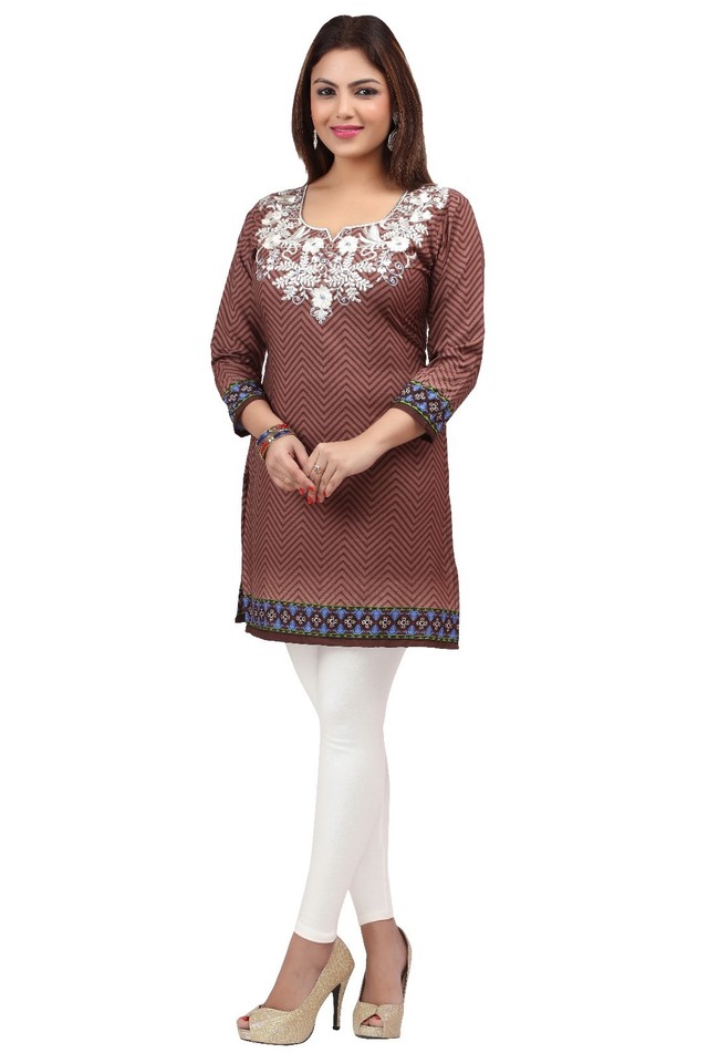 Women Fashion Ethnic Embroidery Brown Kurti Tunic Top Kurta Kurta Dress ...