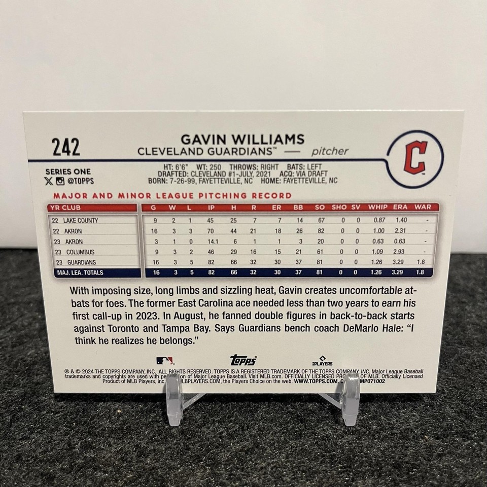 2024 Topps Gavin Williams 242 Cleveland Guardians Rookie Card RC | eBay