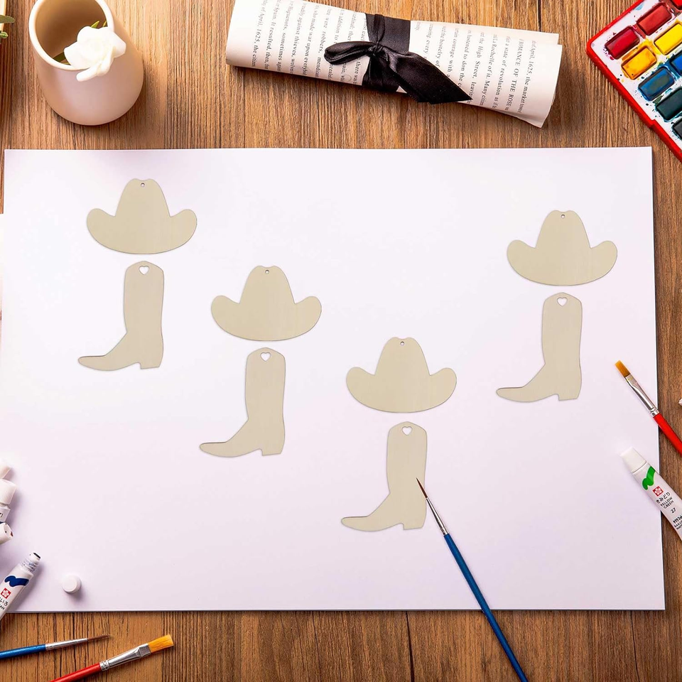 30Pcs Mini Cowboy Hat and Boot Wood DIY Crafts Cutouts Blank 2" Wooden ...