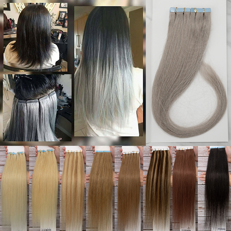 GRAY Tape in 100% Remy Human Hair Extensions 60PCS Full Head 150G Thick ...
