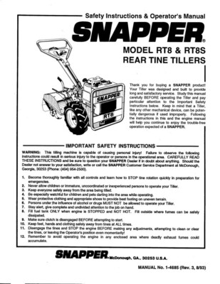 Owners Manual Snapper Rear Tine Tiller (Rototiller)- Model RT8 & RT8S ...