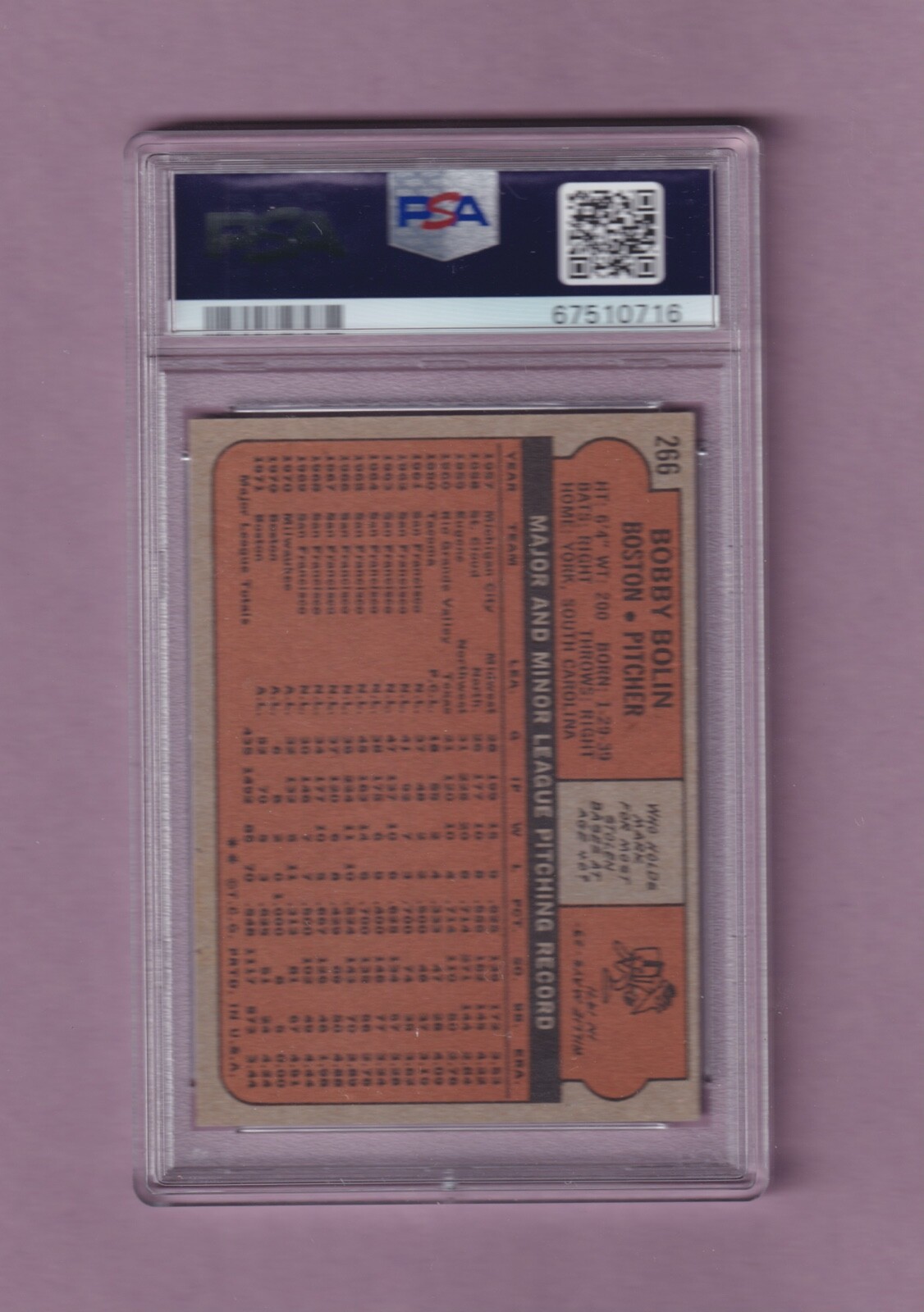 1972 TOPPS BOBBY BOLIN BASEBALL CARD #266- GRADED NM-MT PSA 8! BOSTON ...