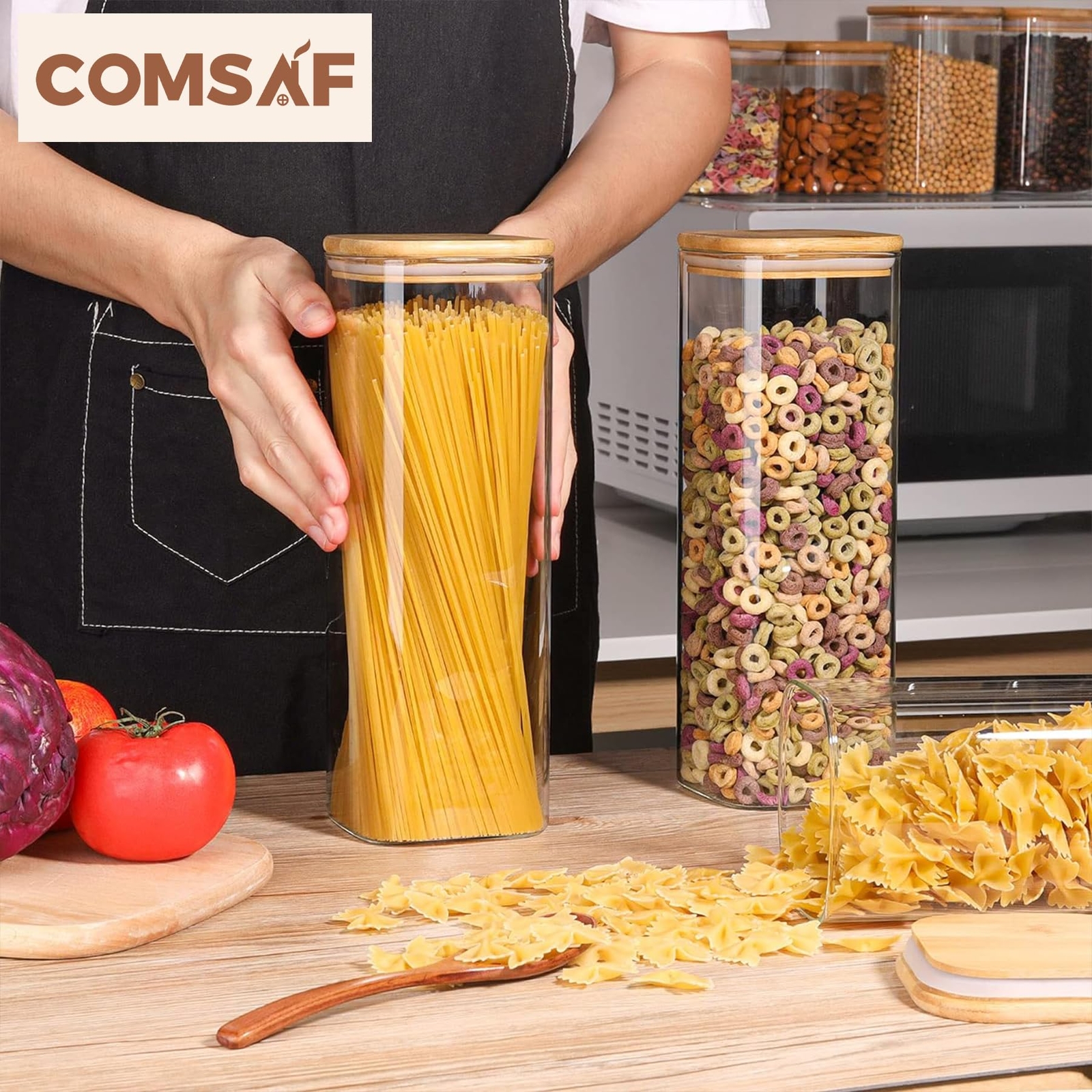 Glass Spaghetti Pasta Storage Containers With Lids 73oz Set Of 3 Tall ...
