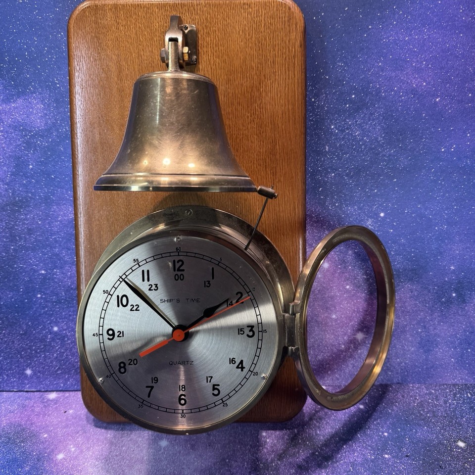 Vintage Captain Brass Ship’s bell Clock W/ Large Hanging Wall Base Need ...