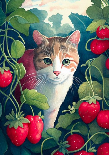 Cat Strawberry Watercolour Animal Painting Print Wall Art Poster ...