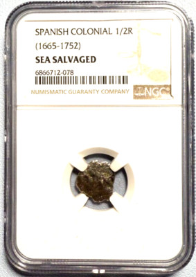 Spanish Colonial 1/2 Real (1665-1752) NGC Sea Salvaged Silver D-Actual ...
