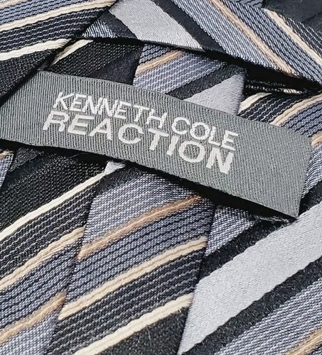 Kenneth Cole Reaction Necktie Black & Silver Stripe Pattern Men's Silk ...