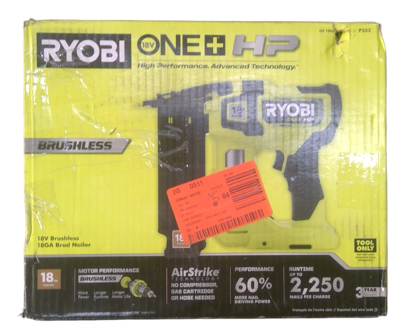 For Parts - RYOBI P322 HP 18V 18GA Brushless AirStrike Brad Nailer ...