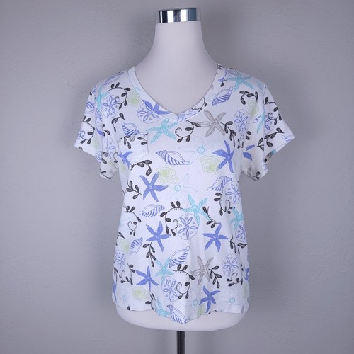 Fresh Produce Top Medium White Starfish Seashell Print Short Sleeve USA ...