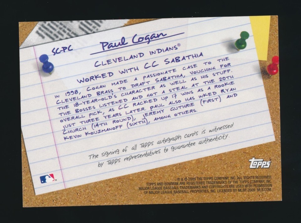2009 Bowman SCOUTS AUTOGRAPHS -PAUL COGAN (Indians) -Signed C.C ...