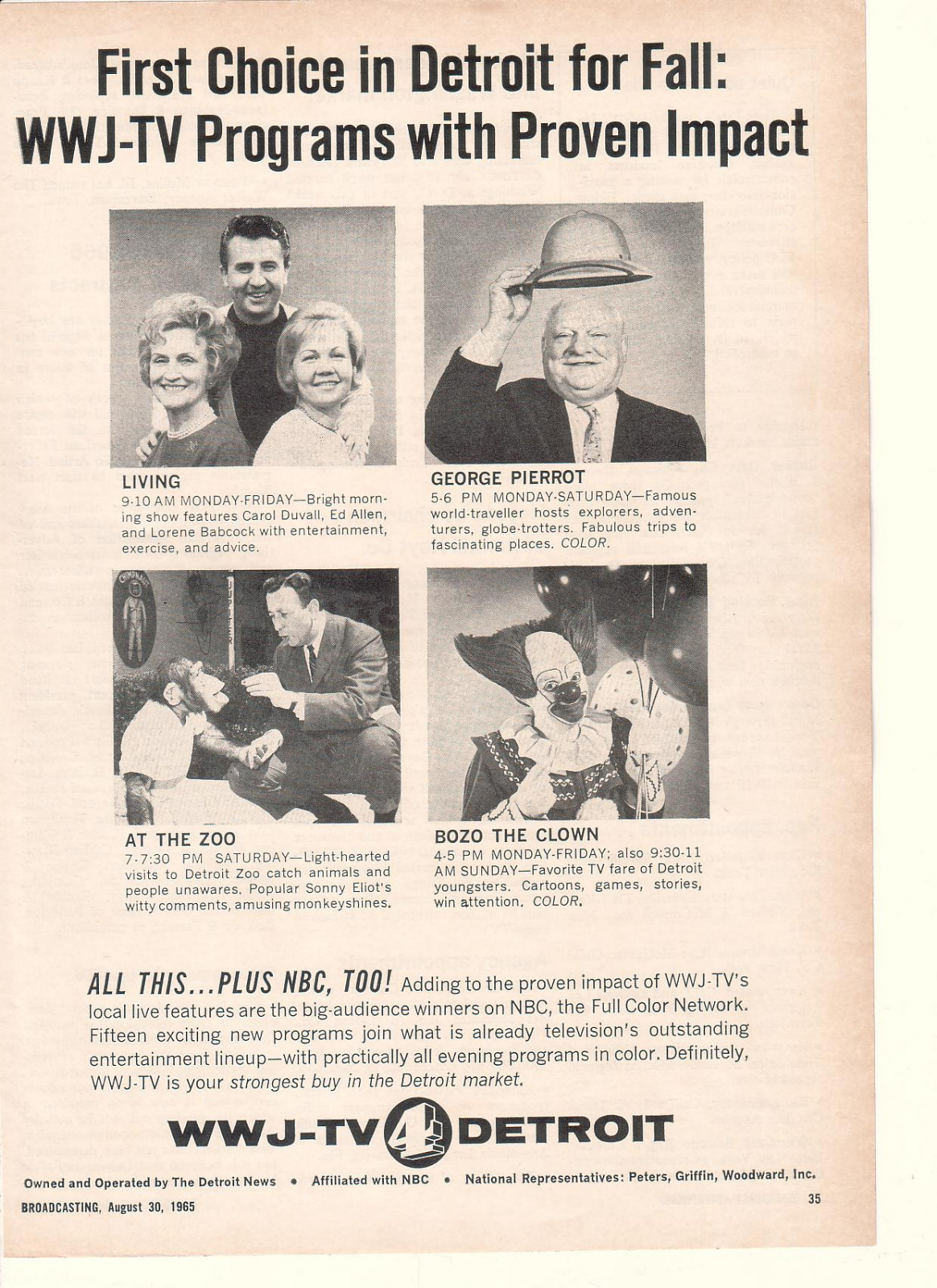 Bozo The Clown/Living/George Pierrot/At The Zoo 1965 Ad- WWJ-TV Detroit ...