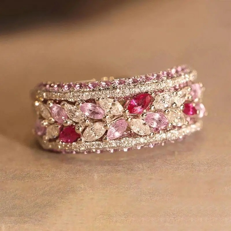 Women's Multicolor CZ Flower Ring Silver Tone Marquise Wedding Jewelry ...
