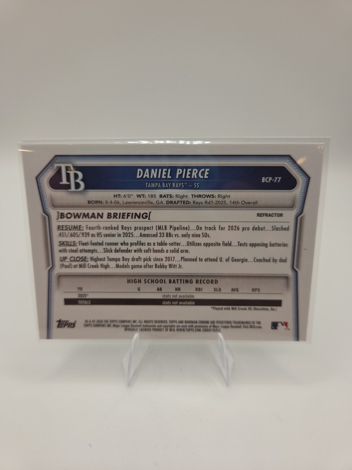 2026 Bowman DANIEL PIERCE 1st Bowman Chrome REFRACTOR /499 #BCP-77 Rays ...