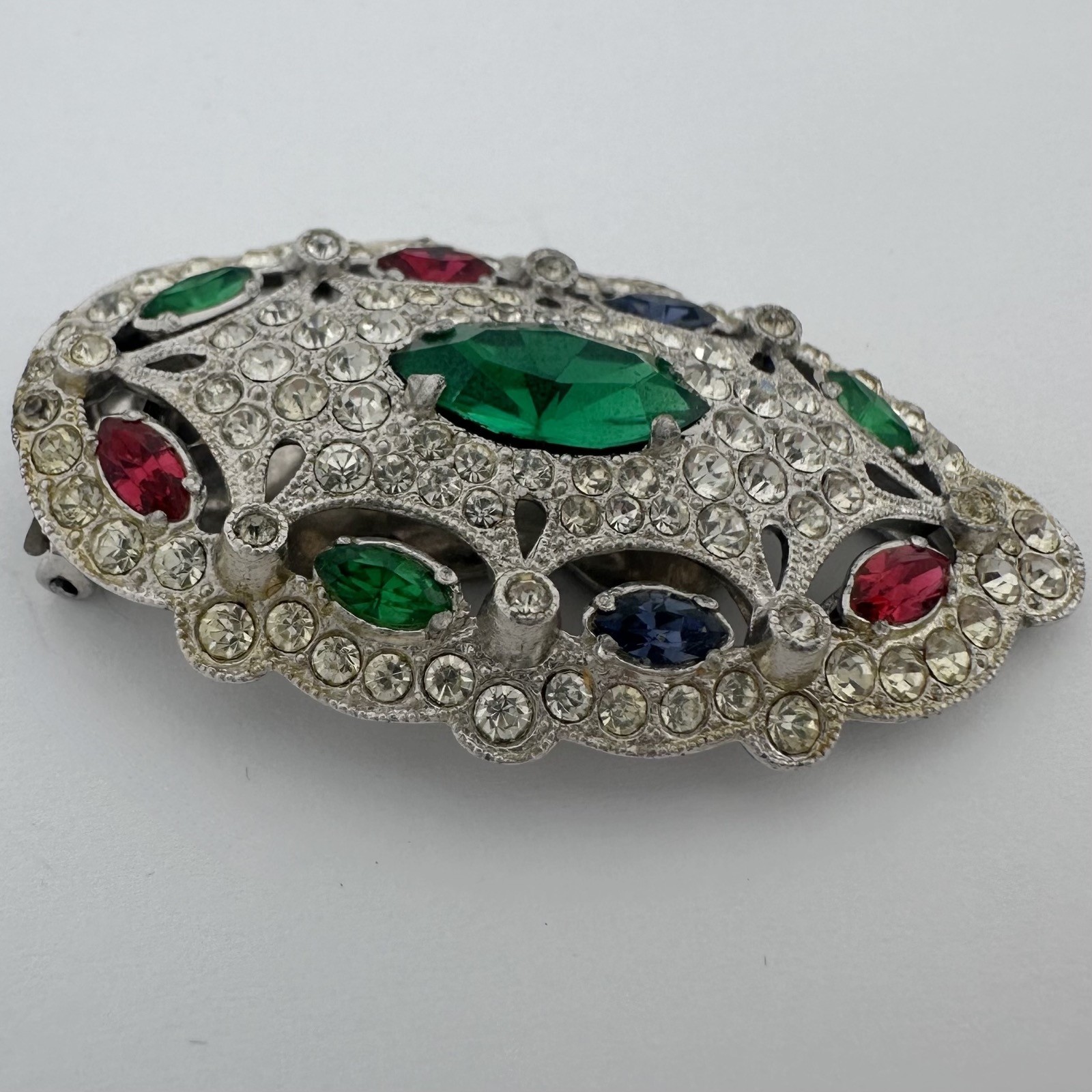 VTG ART DECO EMERALD GREEN RUBY RED SAPPHIRE BLUE CRYSTAL RHINESTONE ...