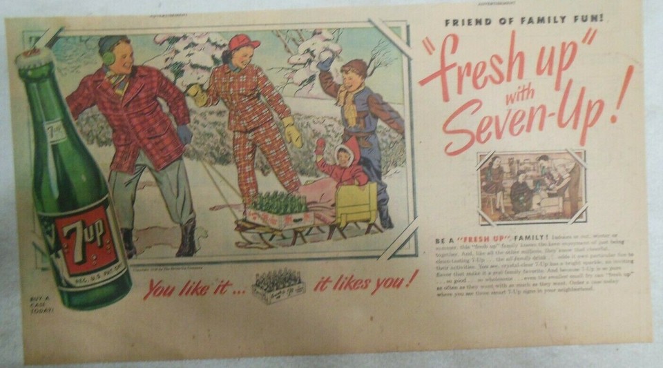 7-Up Ad: Fresh Up With Seven-Up! Let's Go Sledding! from 1950's 7.5 x ...