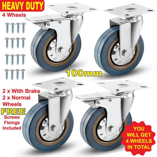 4x Castor Wheels Large 100mm, 600KG Heavy Duty Rubber Swivel Furniture ...