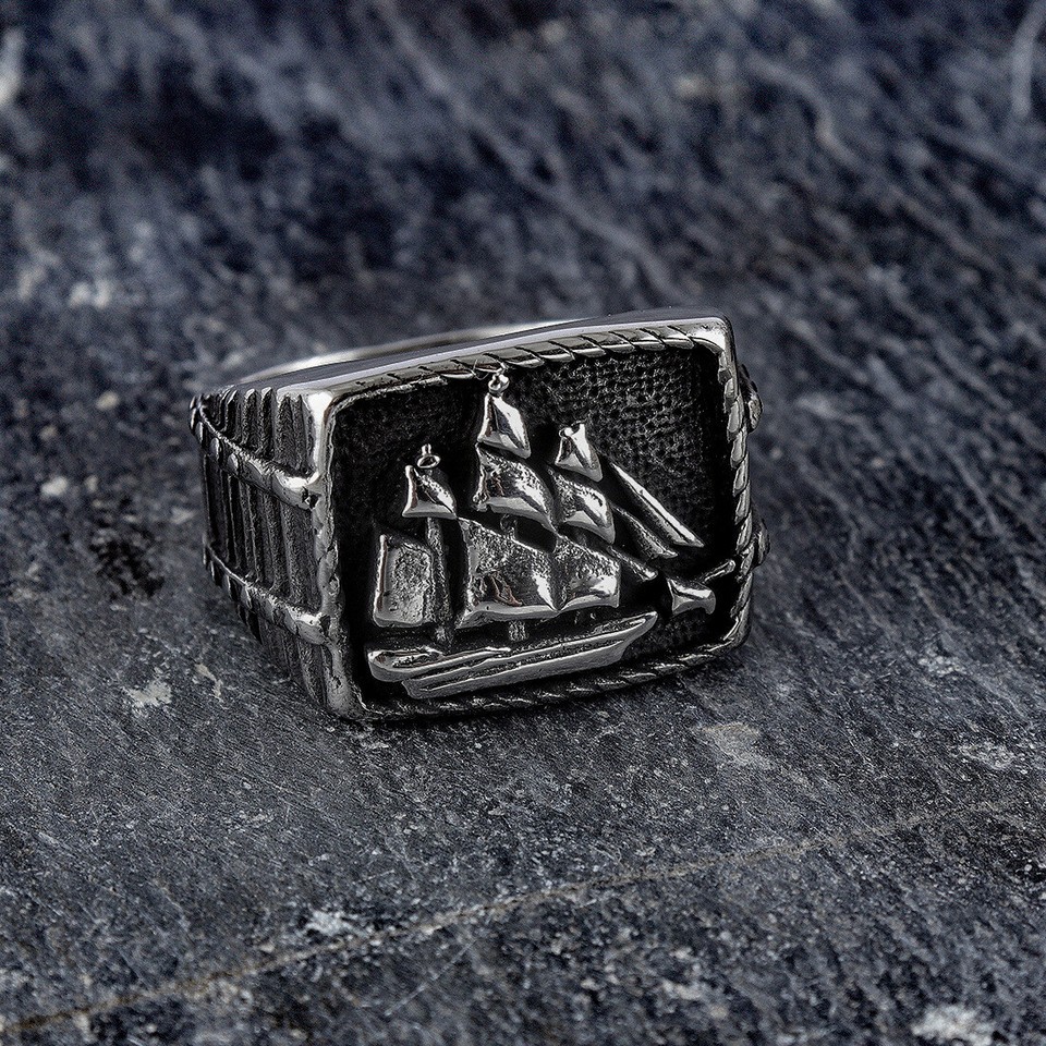 Vintage Sailing Vessel Sailboat Pattern Ring Stainless Steel Men's ...