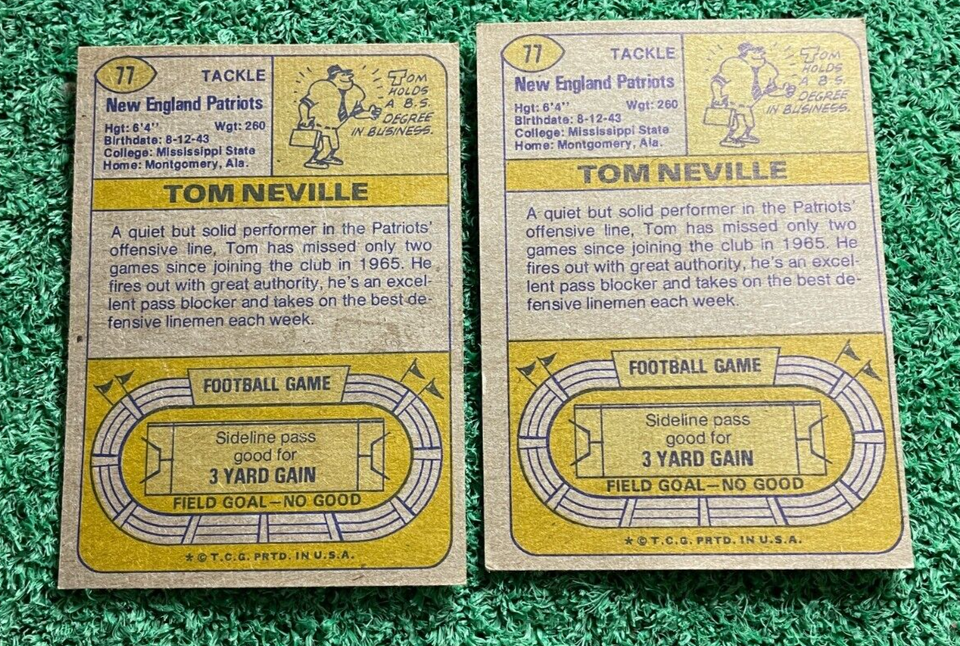 1974 Topps 77 Tom Neville New England Patriots (2-card lot) | eBay