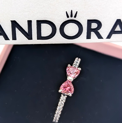 New 100% Authentic PANDORA 925 Ale Silver Pave Sparkling Pink Bow Ring ...