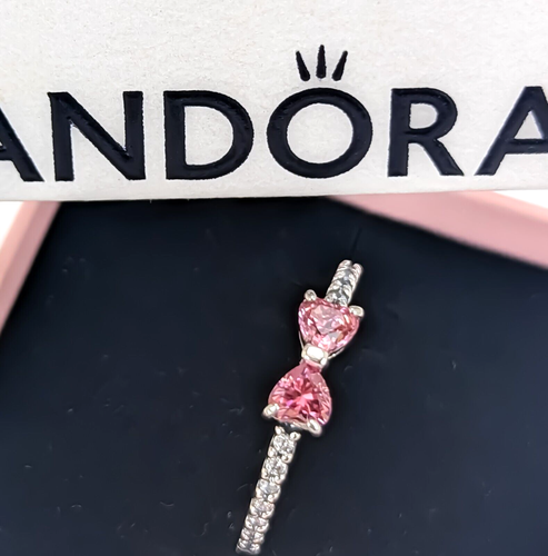 New 100% Authentic PANDORA 925 Ale Silver Pave Sparkling Pink Bow Ring ...