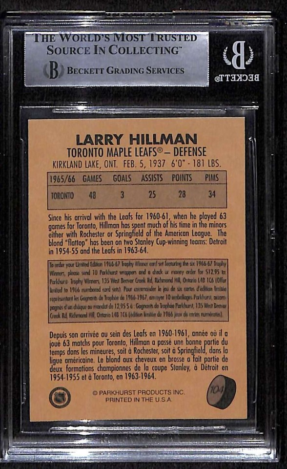 1995 Parkhurst 66-67 #104 Larry Hillman BGS AUTO Autograph BAS ...