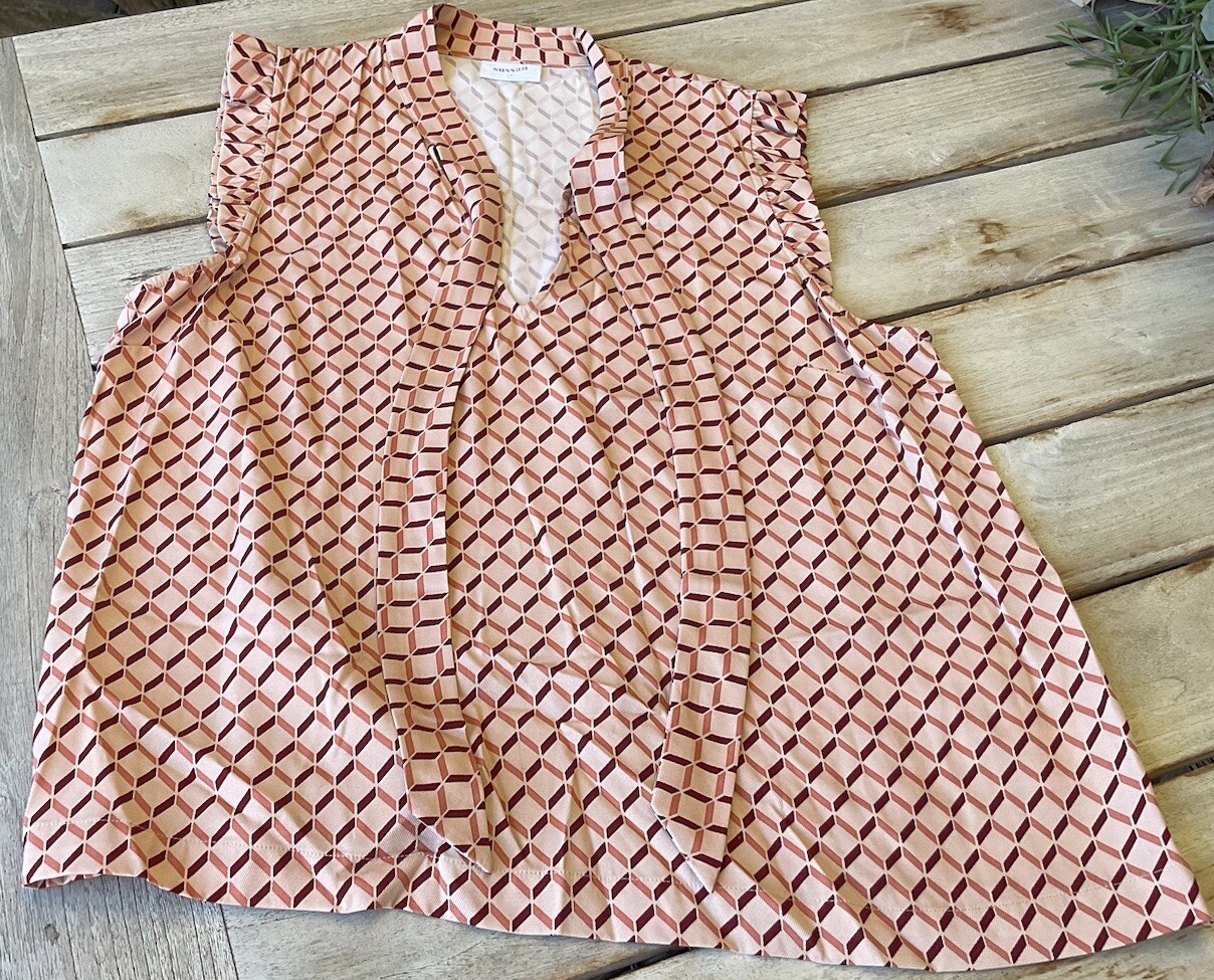 Sussan Bow Tie Neck Blush Pink Print Blouse Sleeveless Ruffle Shirt Top ...