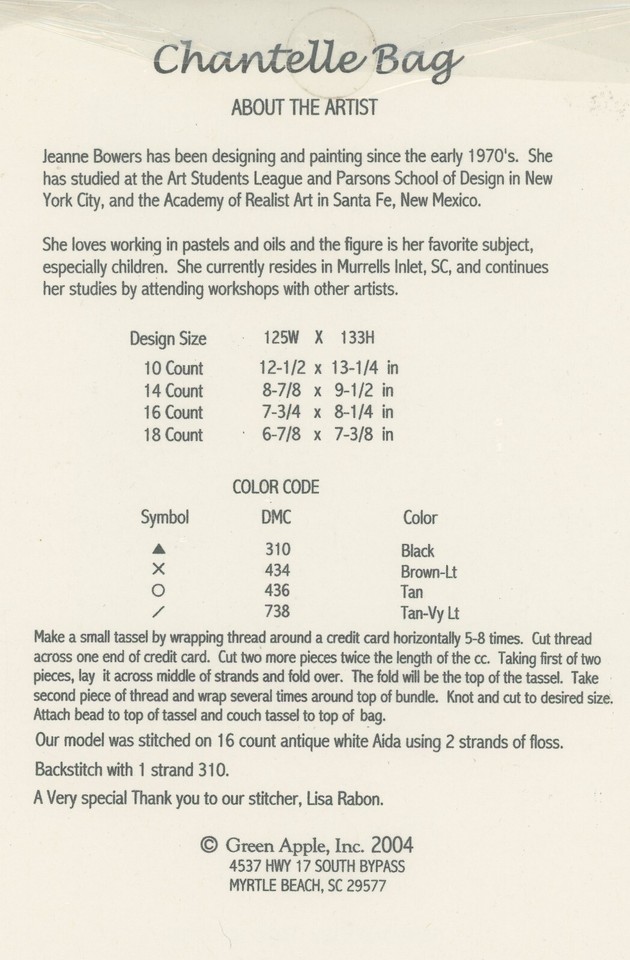 Green Apple Chantelle Bag Purse Jeanne Bowers Counted Cross Stitch ...