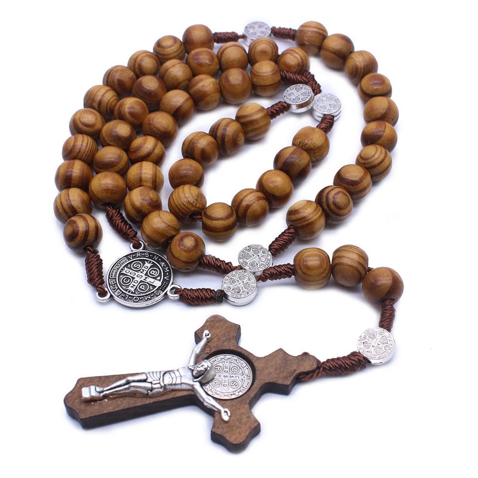 Rosary Cross Necklace Wooden Rosaries for Men Women Decor Rosary Medal ...