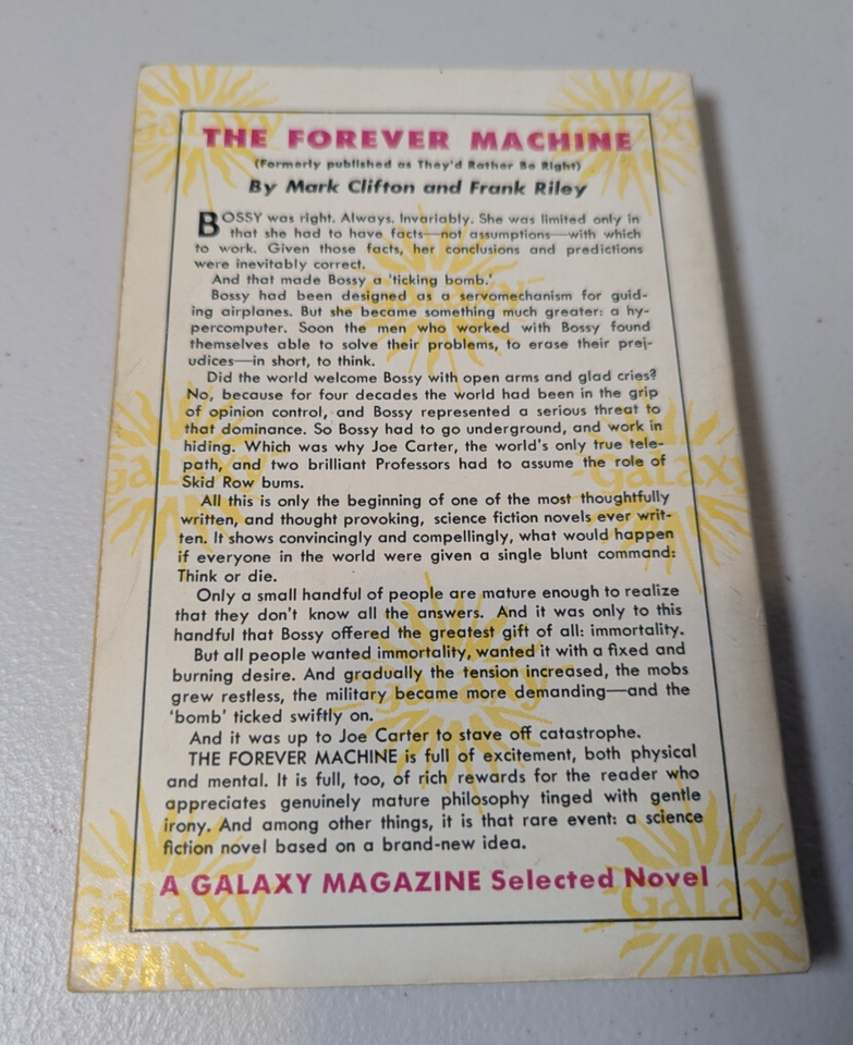 The Forever Machine by Mark Clifton and Frank Riley - 1958 Galaxy Novel ...
