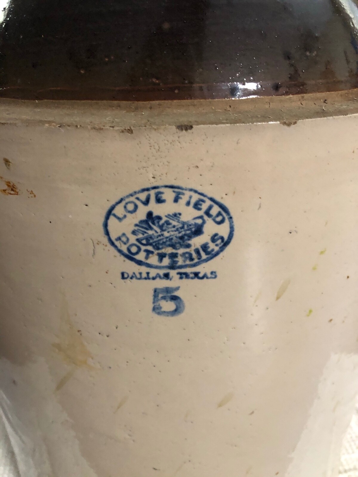 Antique 5 Gallon Love Field Potteries Dallas Jug Crock Whiskey ...