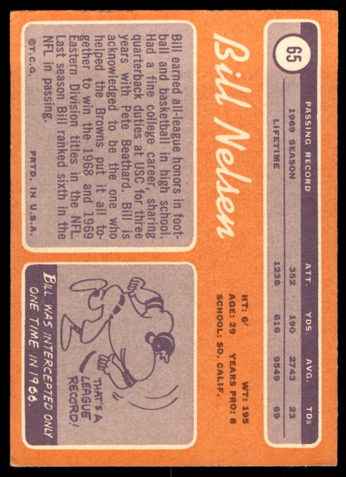 1970 TOPPS BILL NELSEN CLEVELAND BROWNS #65 | eBay
