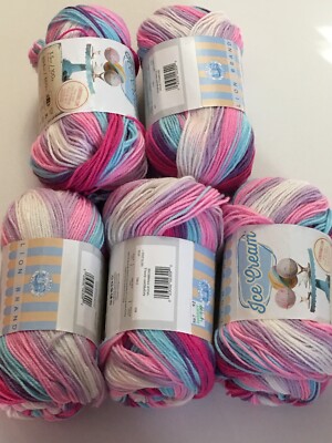 Lot of 5 ~ Lion Brand Ice Cream Sport Acrylic Yarn ~ Raspberry Ripple ...