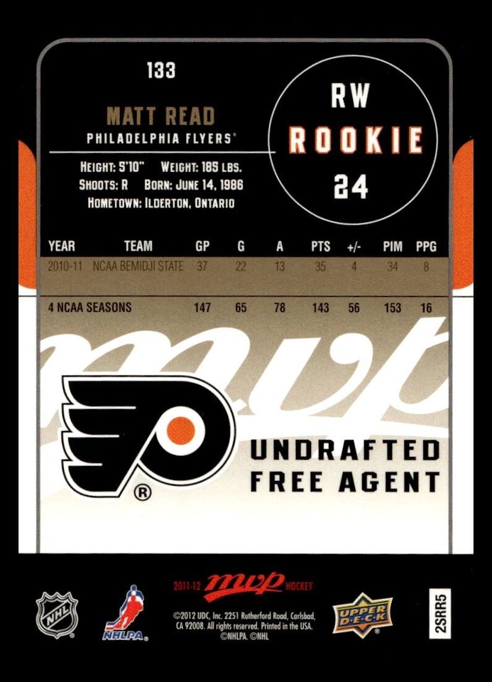 2011 Upper Deck #133 Matt Read RC Philadelphia Flyers | eBay