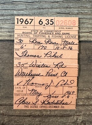 1967 **CONNECTICUT** Hunting, Trapping, Fishing Permit License ...