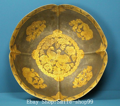 9" China Dynasty Bronze Gild Fengshui Flower Bird Mandarin Duck Plate ...