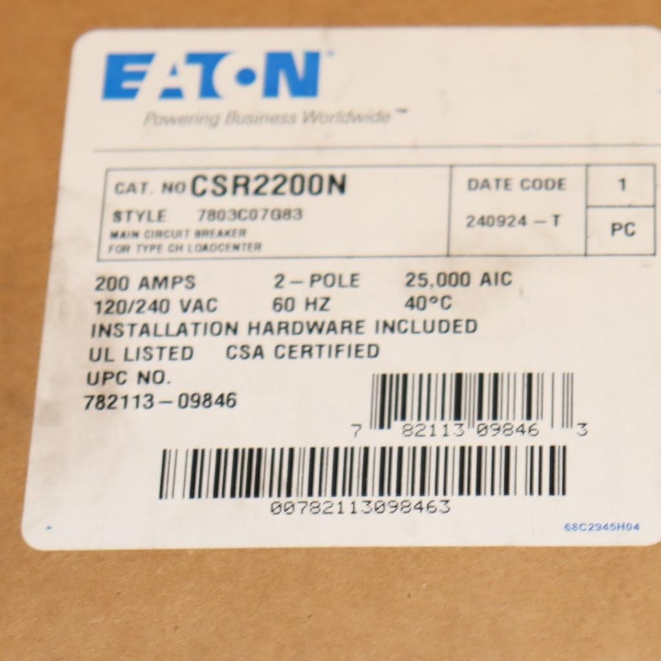 One New In Box Eaton CSR2200N 2 Pole 200 Amp Main Breaker Cutler Hammer ...