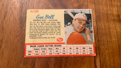 1962 Post Cereal Hand Cut - Gus Bell #120 Cincinnati Reds | eBay