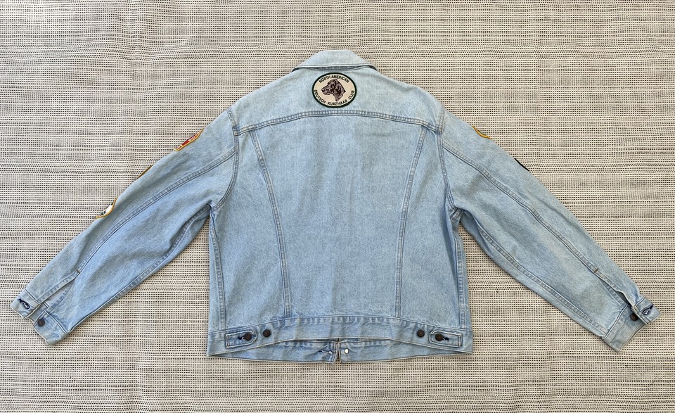 vintage 80s LEVIS DENIM TRUCKER JEAN JACKET XL gun HUNTING CLUB patch ...