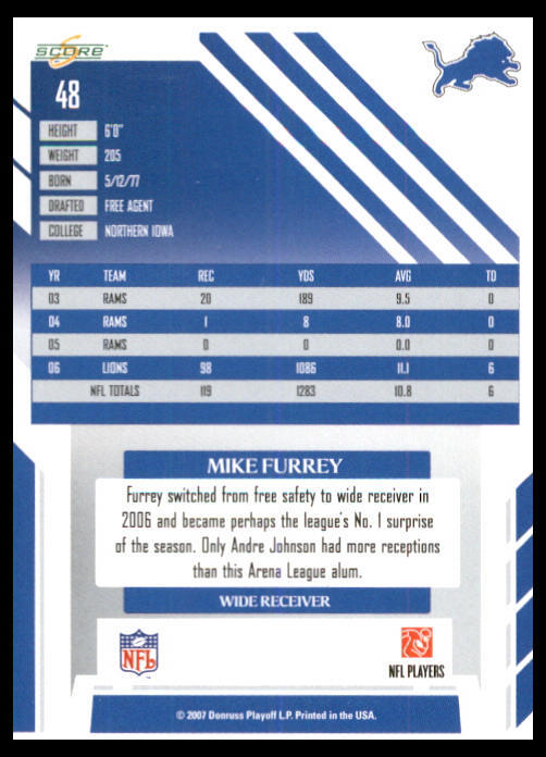 2007 Score #48 Mike Furrey Detroit Lions Football Card | eBay