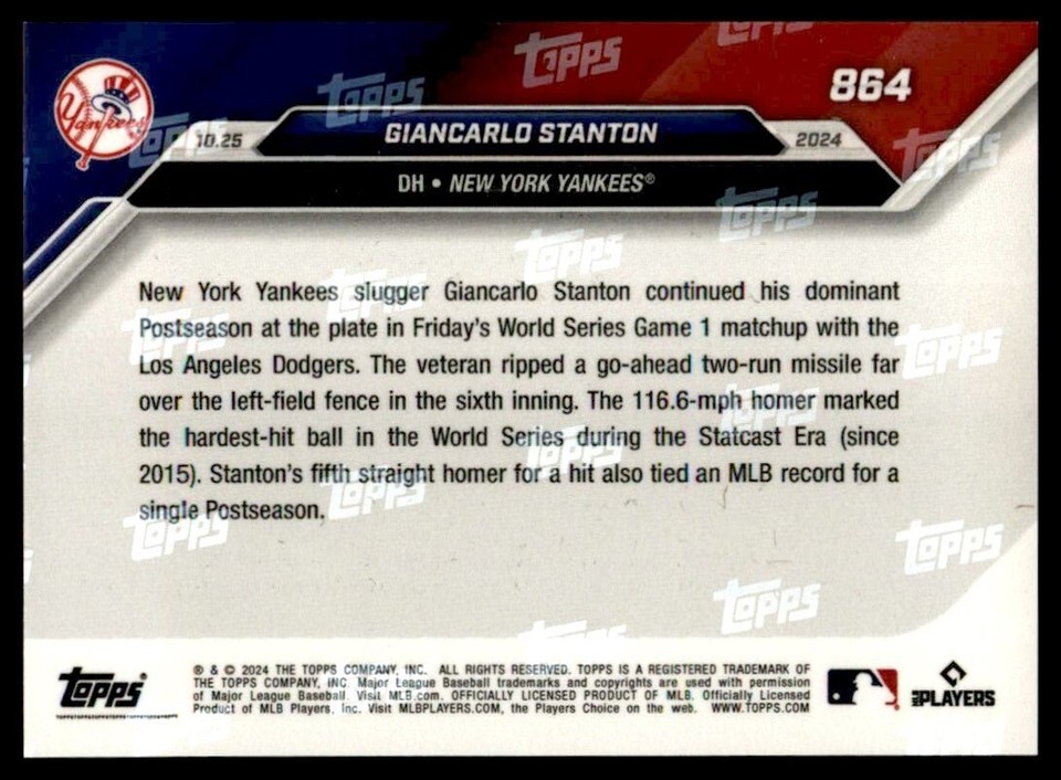 2024 Topps Now Blue Parallel #864 Giancarlo Stanton Yankees 45/49 | eBay