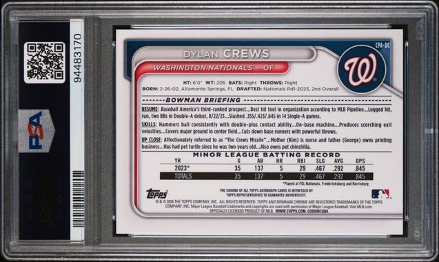 PSA 10 2024 Bowman Chrome AUTO Autograph DYLAN CREWS RC Rookie GEM # ...