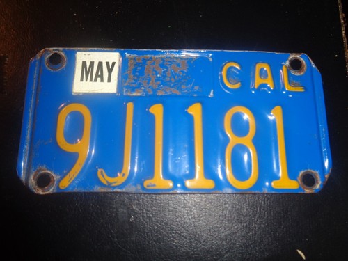 Vintage California CA Motorcycle License Plate Yellow On Blue # 9J1181 ...