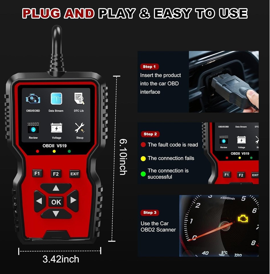 OBD2 V519 Scanner CAN Codes-Color Screen-2 Row Icon-Bulk Pack | eBay