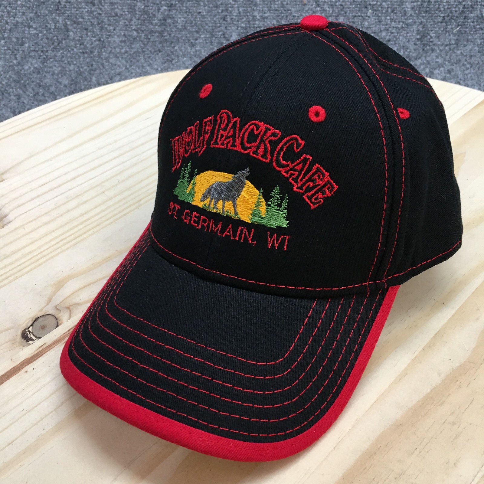 Wolf Pack Cafe Baseball Cap Hat Mens Black Red One Size Curved Brim ...