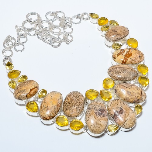 Picture Jasper - Oregon & Lemon Quartz 925 Sterling Silver Necklace 17. ...