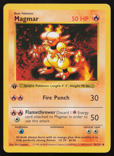 LP 1st edition Pokemon MAGMAR Card BASE Set 36/102 First ed Shadowless ...