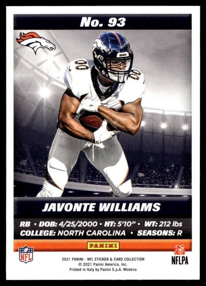 2021 Panini Sticker & Cards Javonte Williams Denver Broncos #93 | eBay